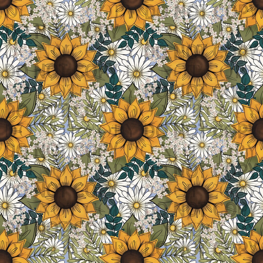 Hand Drawn Seamless Floral Sunflowers and Daisies Digital Paper ...