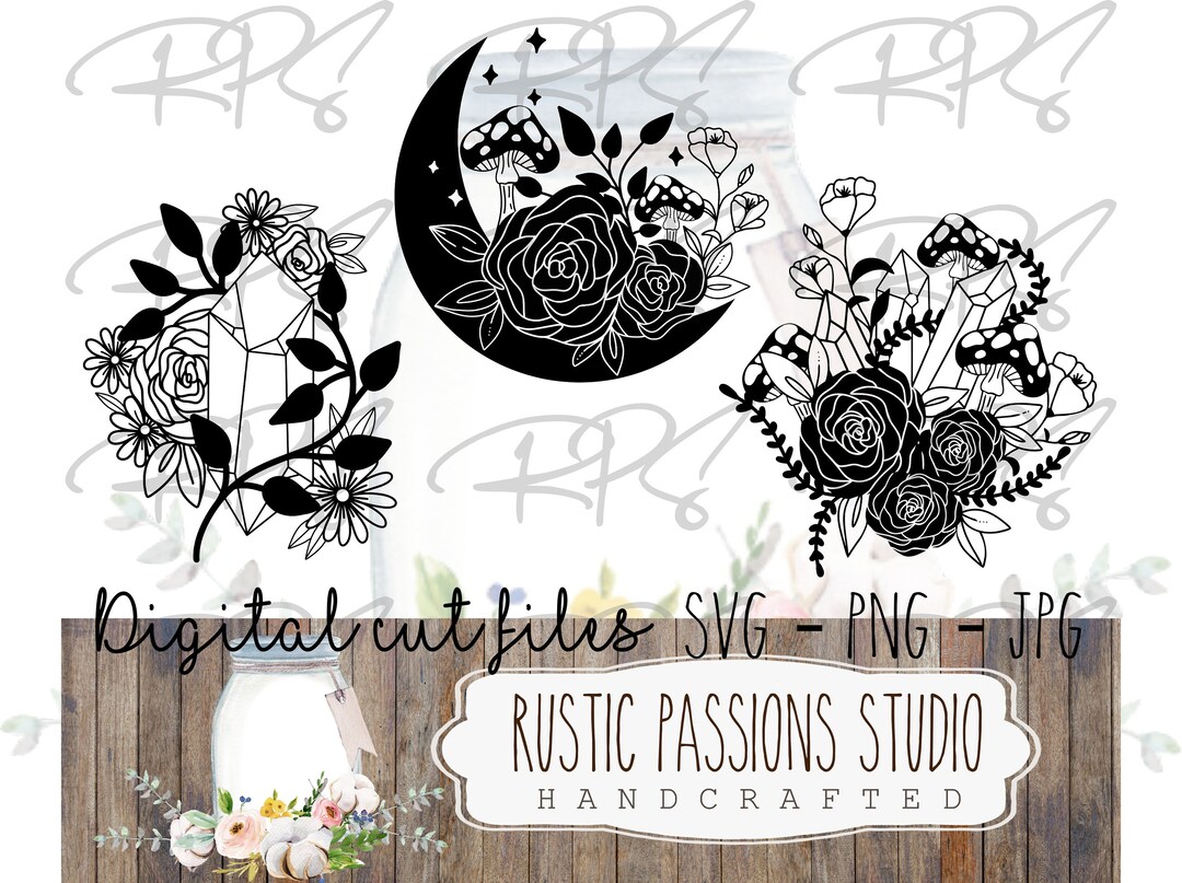 Trio Boho Floral Moon Flower Celestial Hand Drawn DIGITAL - Etsy
