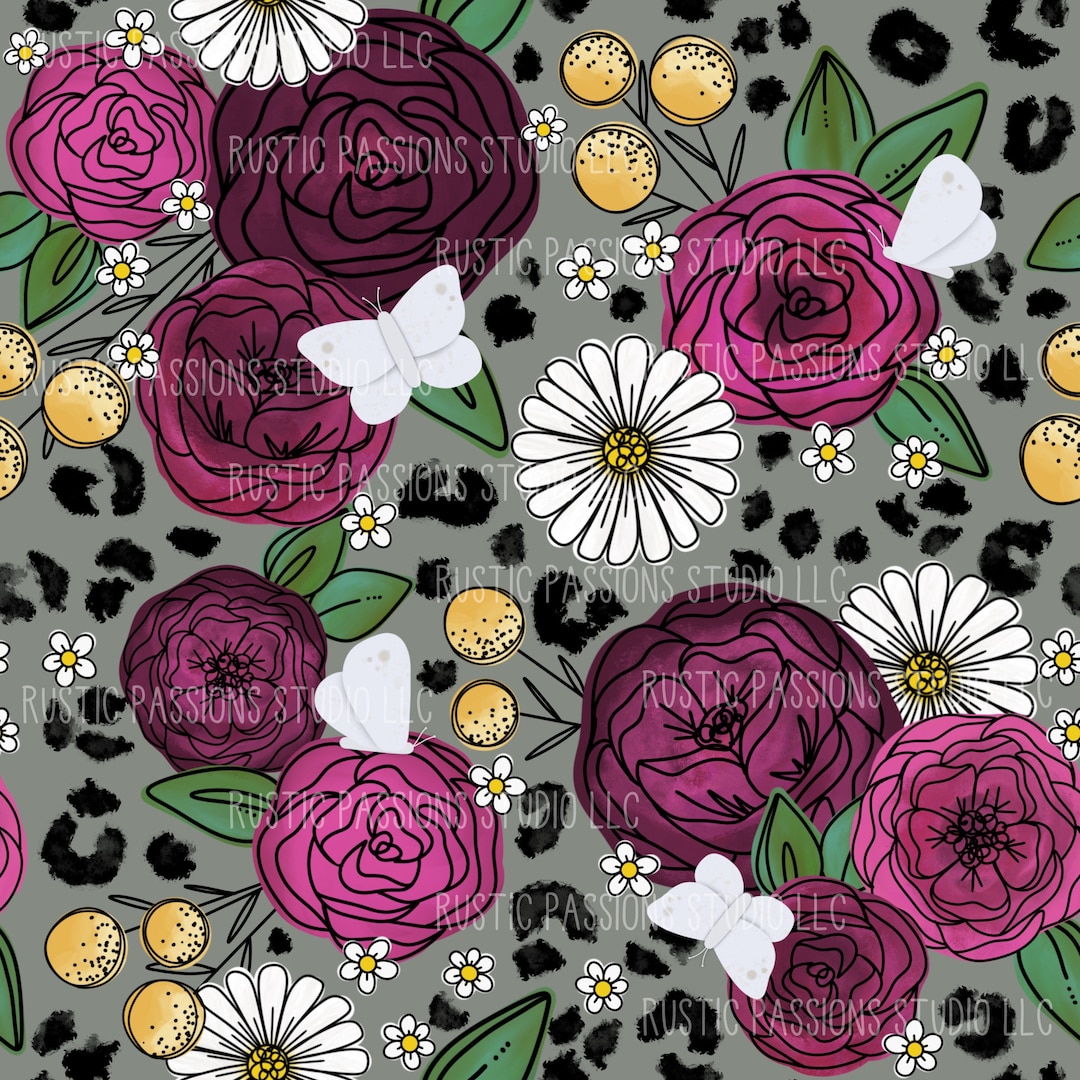 Seamless Pink Rose, Butterfly, and Leopard Print Digital Paper ...