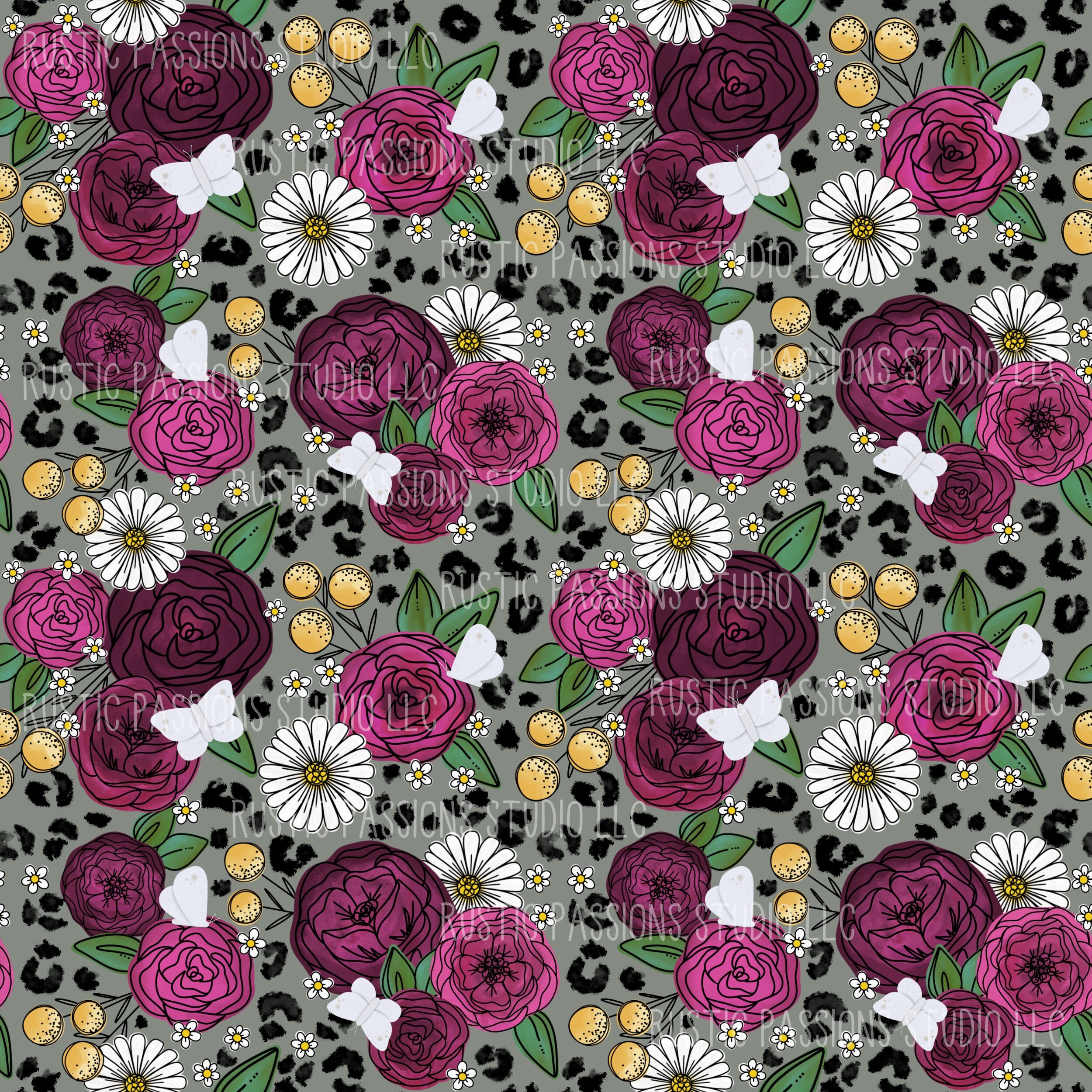 Seamless Pink Rose, Butterfly, and Leopard Print Digital Paper ...