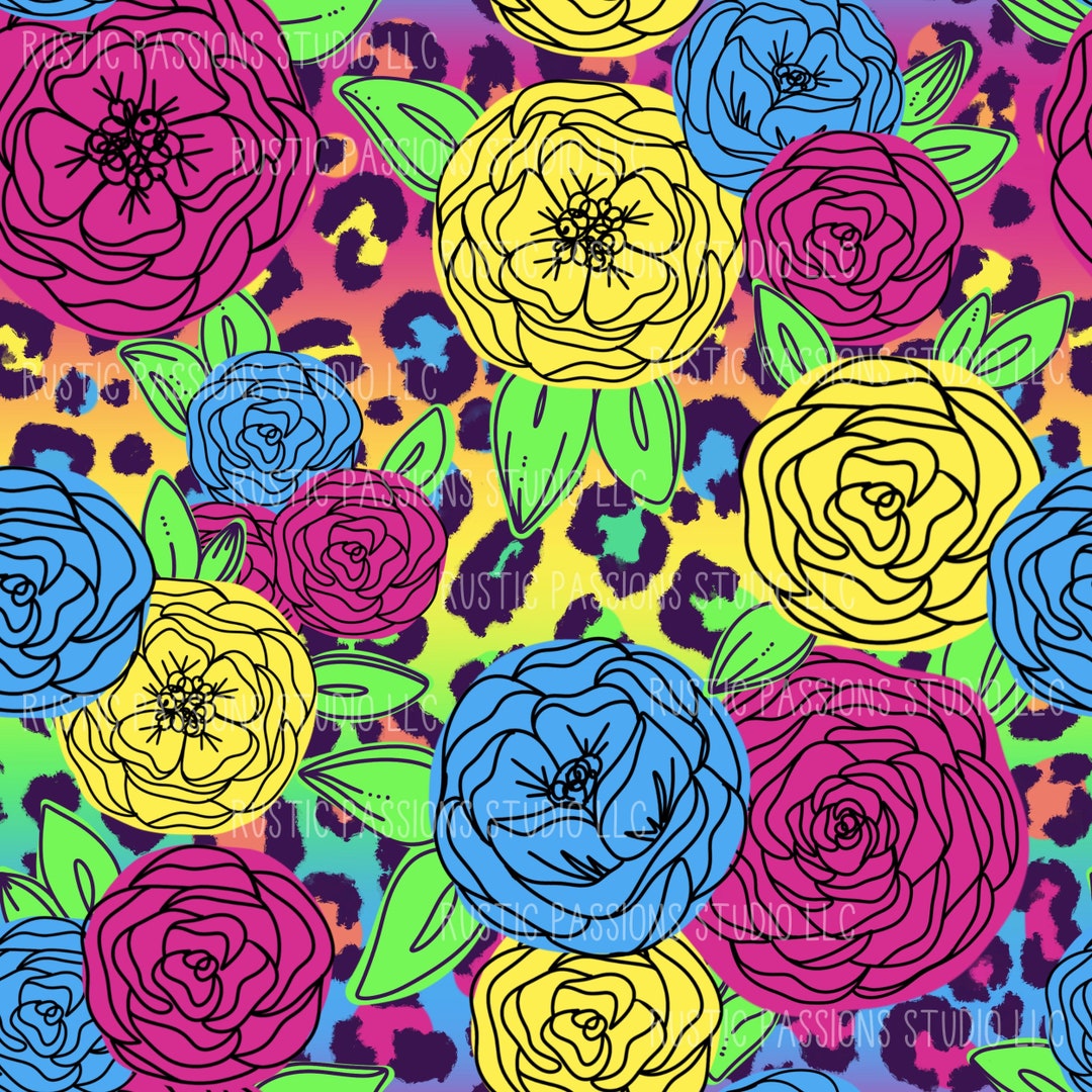Seamless Hand Drawn Neon Rose Leopard Print Digital Paper, Printable ...