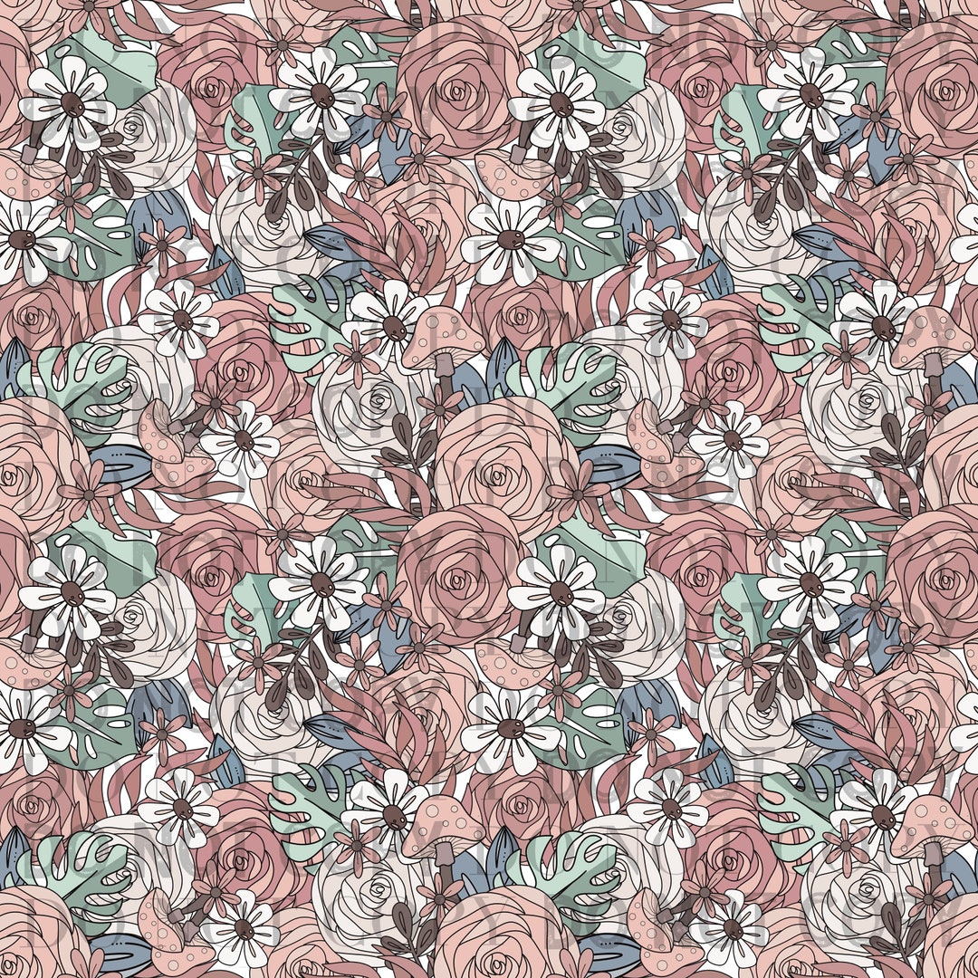 BOHO Hand Drawn Seamless Floral Rose and Mushroom Woodland Digital ...