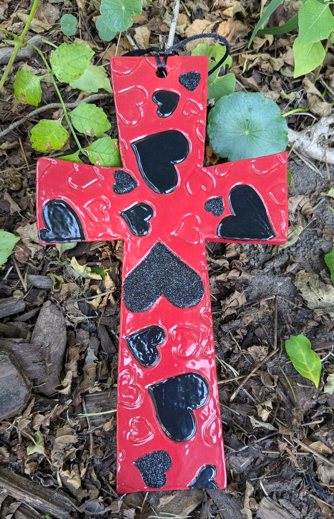 Cross, Ceramic Wall Cross, Heart Ceramic Cross, Ceramic Cross, Red and ...