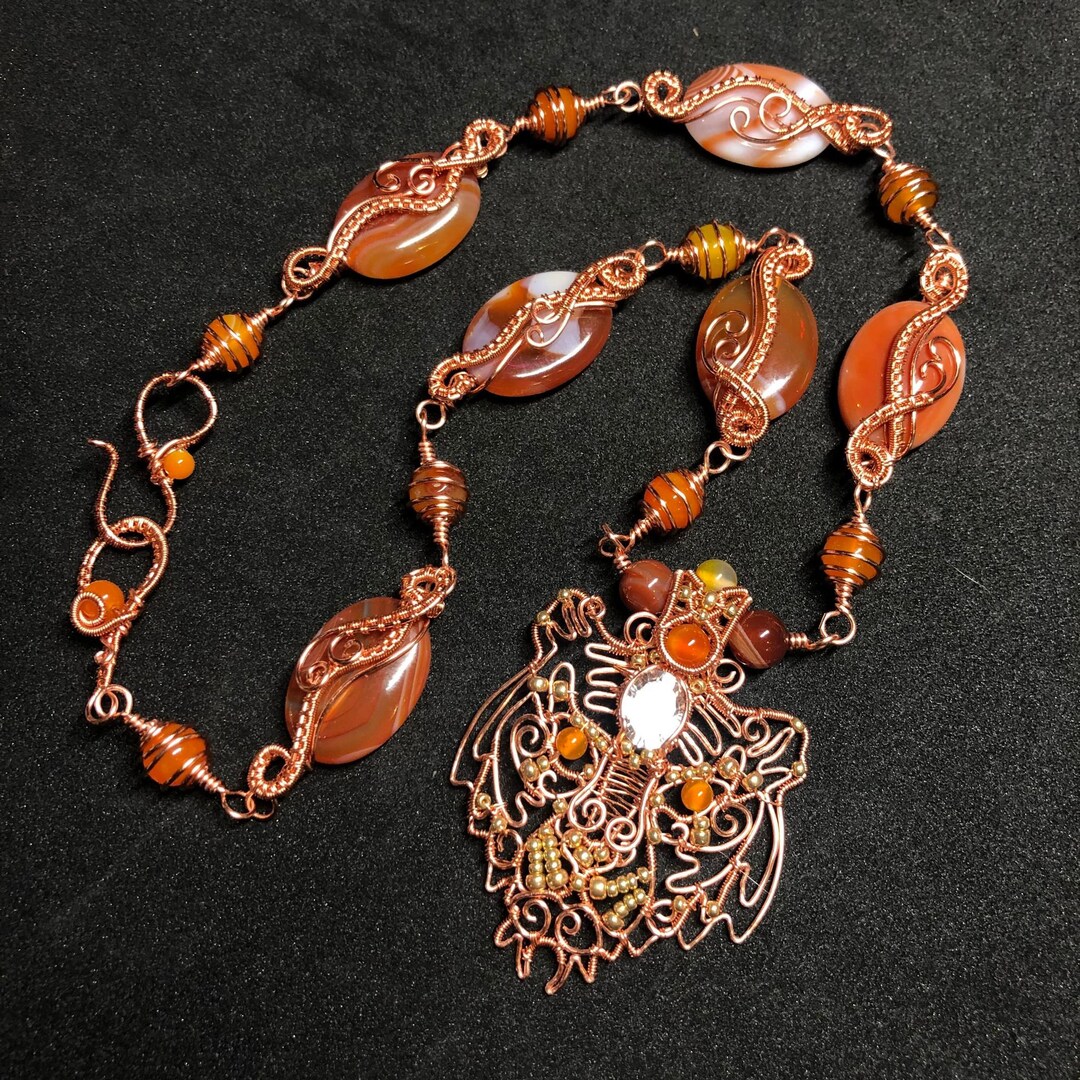Agate Tiger Wire Wrapped Necklace in Copper, Quartz and Agate Gemstones ...