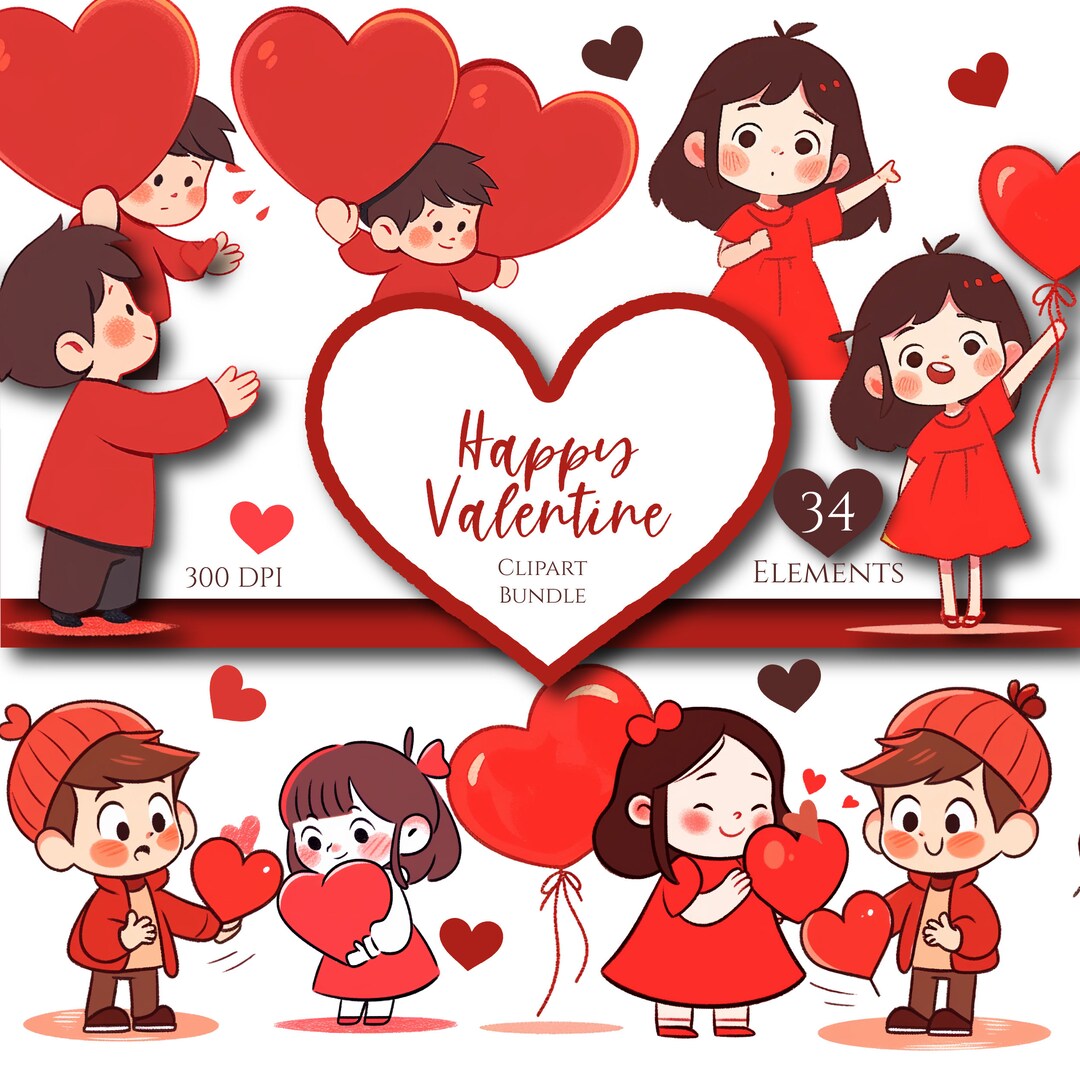34 Cute Valentine Clipart Bundle, Valentines Day Pngs, Cute Girl, Cute ...