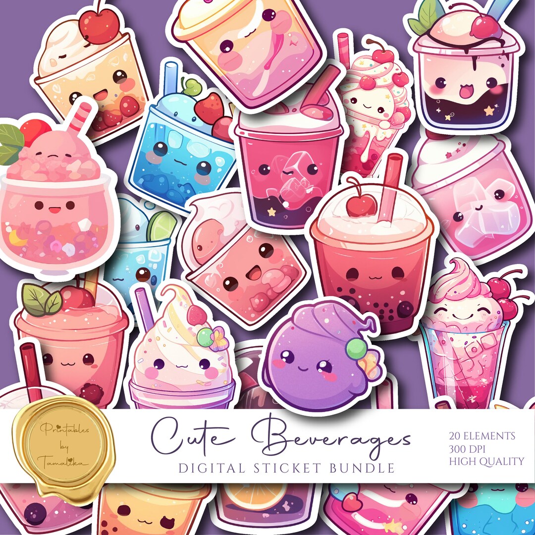 Tea Sticker Clipart Set, Sticker Set, Juice PNG, Kawaii Beverages Png ...