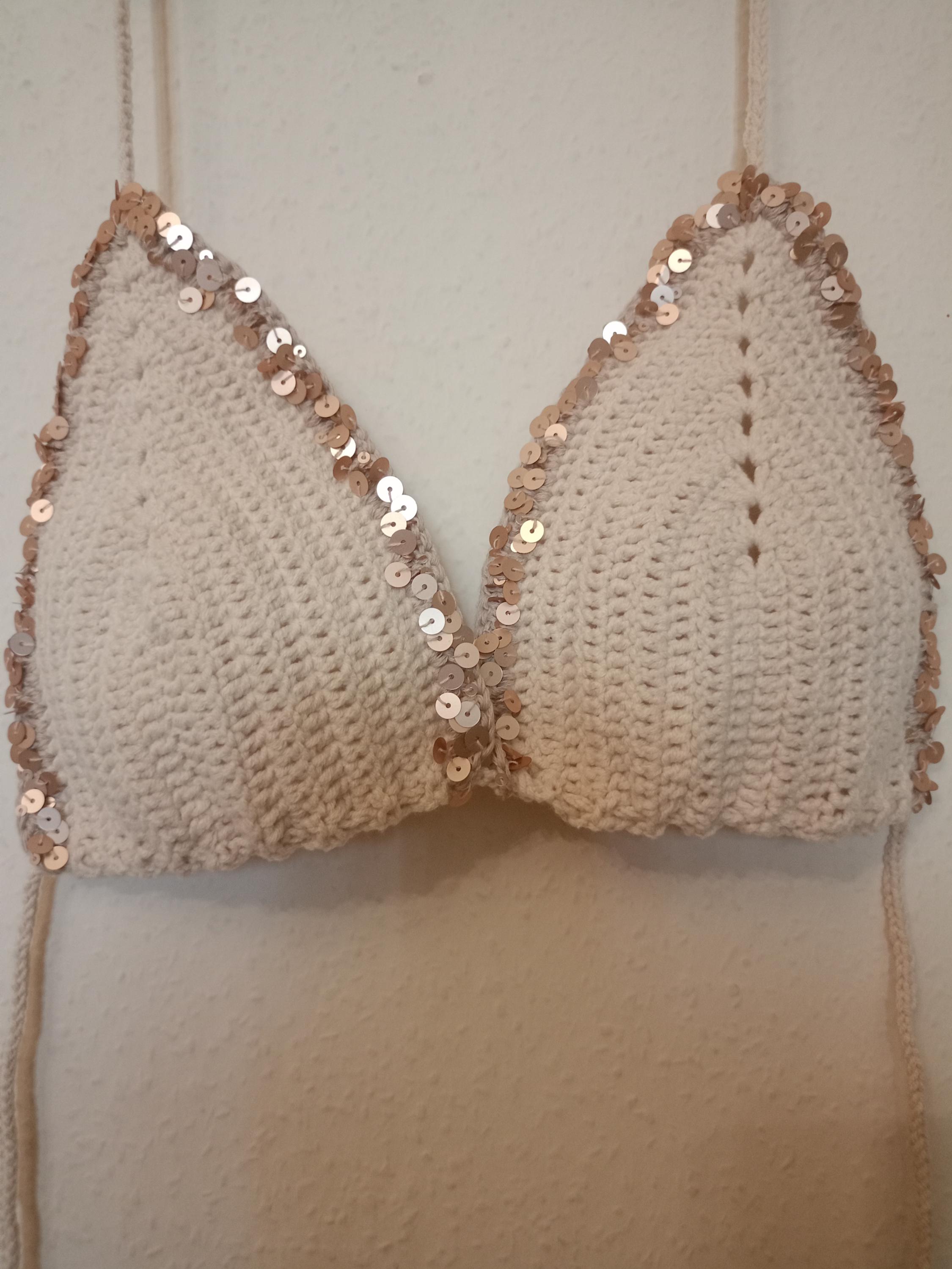 Crochet Knitted Bra, Handmade Sequins Bra, Cream Knit Bra, Effective ...