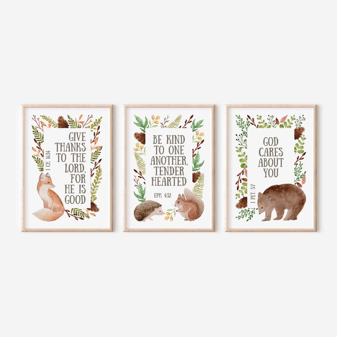 Set of 3 Christian Woodland Prints, Bible Verse Animals Artwork ...