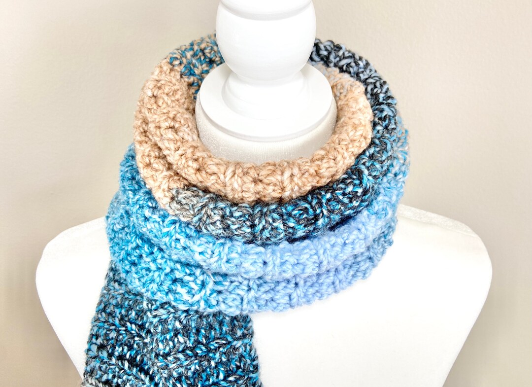 Handmade Blue Beige Crochet Scarf: Winter Scarf - Regular or Infinity ...