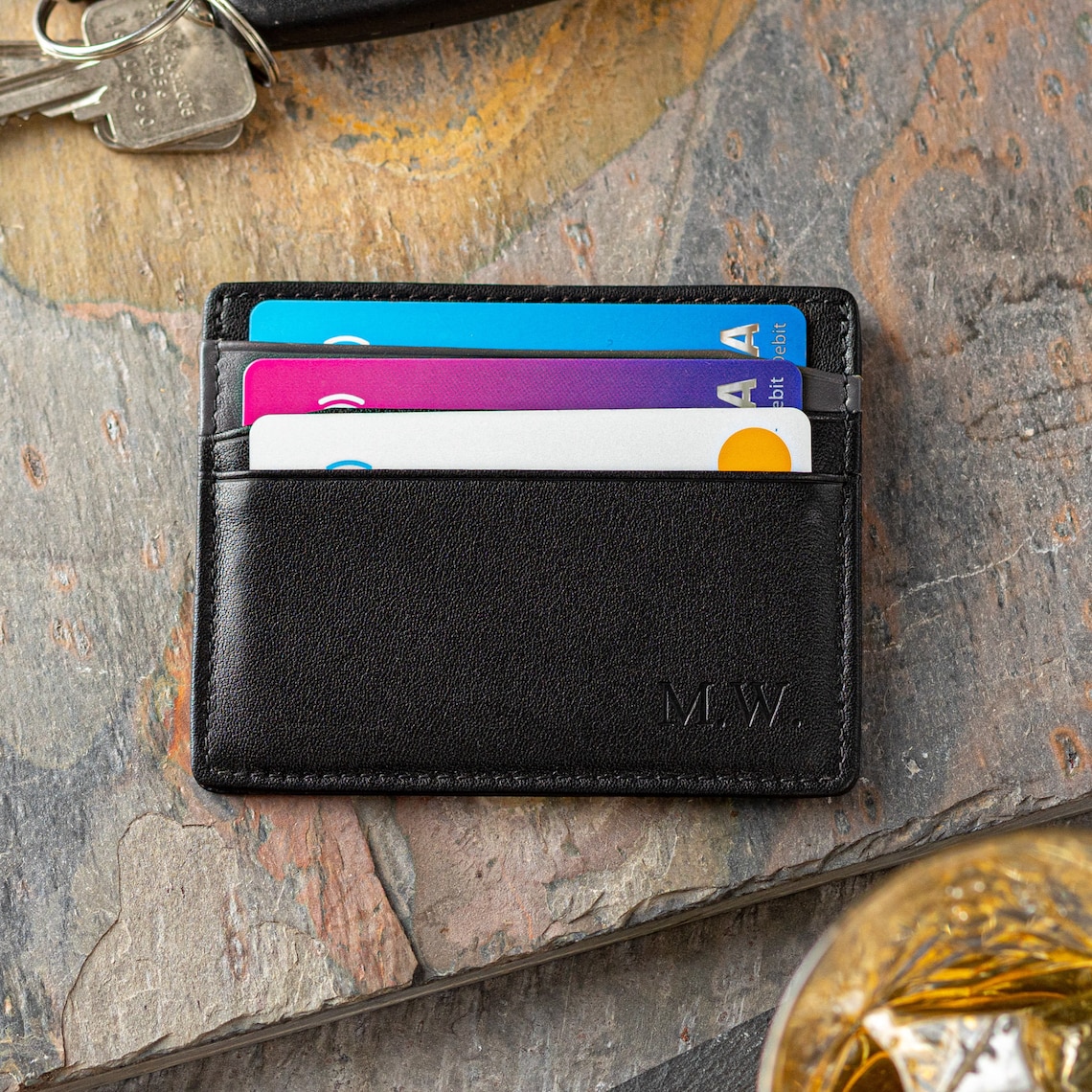 Leather Card Holder Custom Initials Slim Card Wallet RFID - Etsy