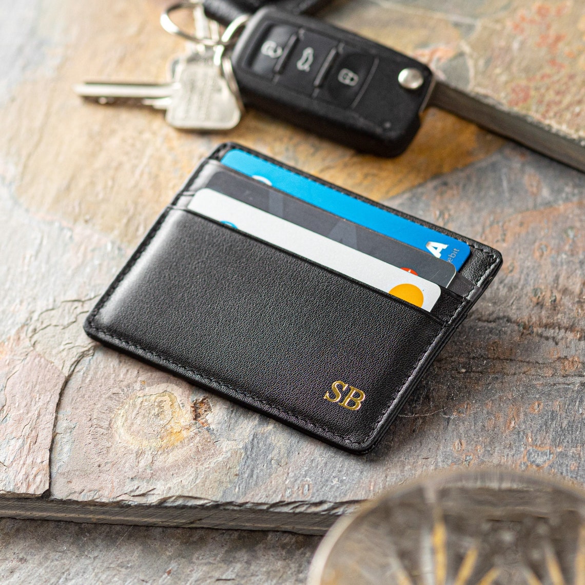 Leather Card Holder Custom Initials Slim Card Wallet RFID - Etsy