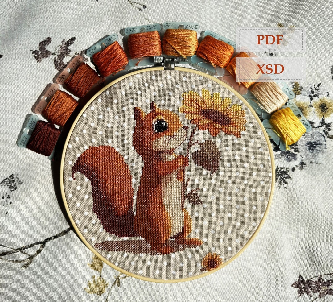 Cute Squirrel With Flowers Cross Stitch Pattern, X-stitch Pattern, Easy ...