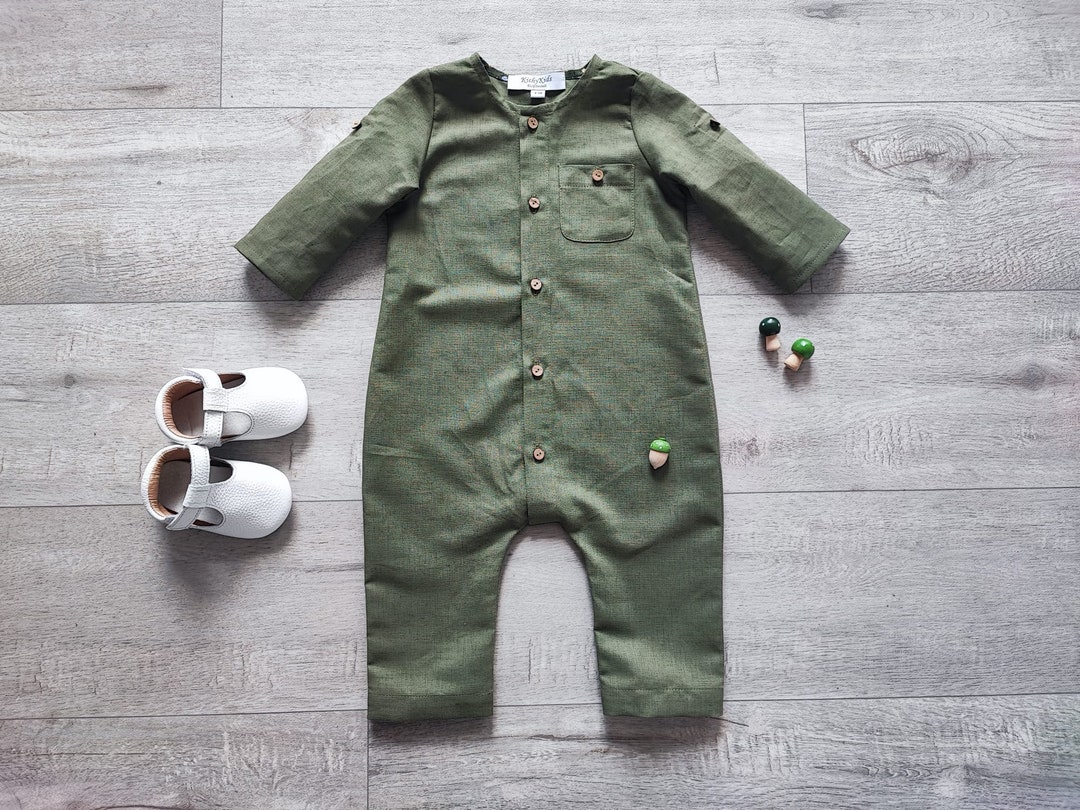 Baby Olive Green Linen Overalls: Unisex Long Sleeve Playsuit - Etsy