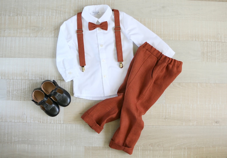 Boys Burnt Rust Linen Outfit: Toddler Shirt, Pants, Bow Tie ...