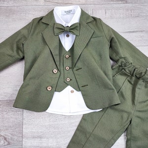 Olive Green Kids Suit, Jacket for Boys, Pants, Vest, Shirt, Bow Tie ...
