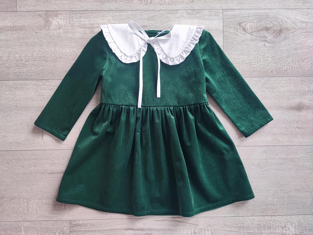 Girls Christmas Green Velvet Dress, Cotton Cord Dress for Events+ White ...