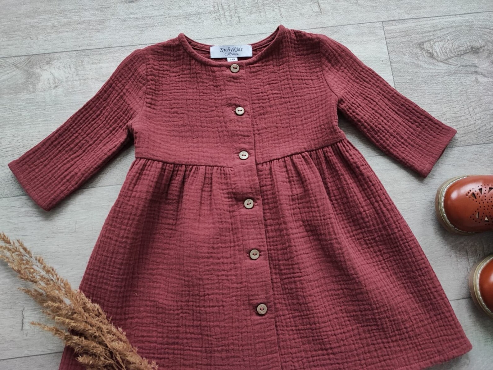 Girls Muslin Button Front Dress, Long Sleeve Garment, Baby Muslin Dress ...
