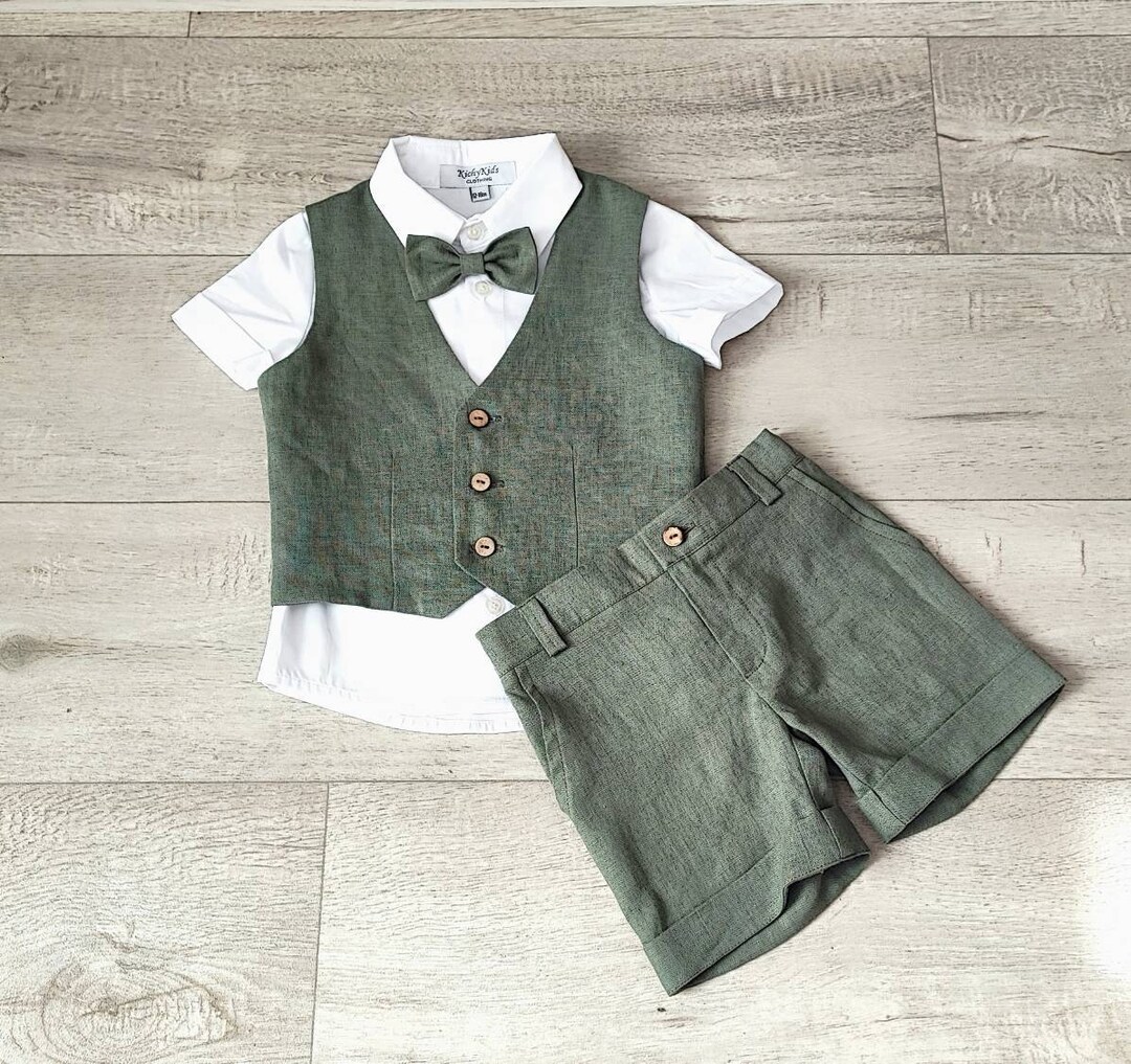 Boys Sage Green Ring Bearer Outfit, Waistcoat, Short Set for Toddlers ...