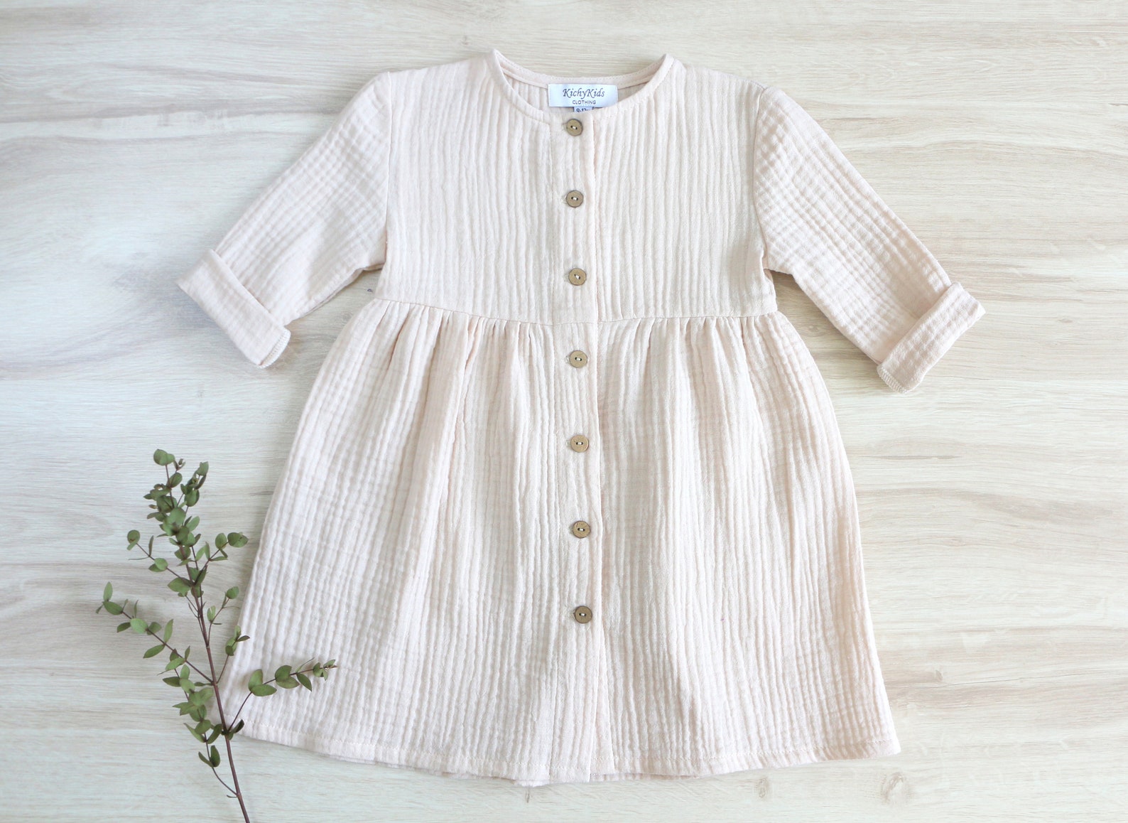 Girls Muslin Button Front Dress, Long Sleeve Garment, Baby Muslin Dress ...
