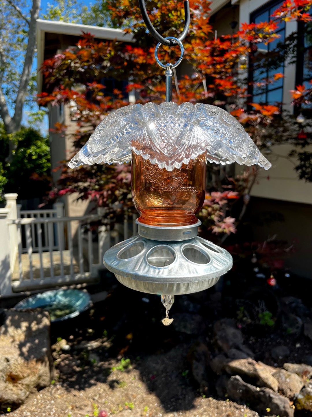 Mason Jar Bird Feeder, 1910s Vintage PRESSED GLASS Bowl, Hanging SMALL ...