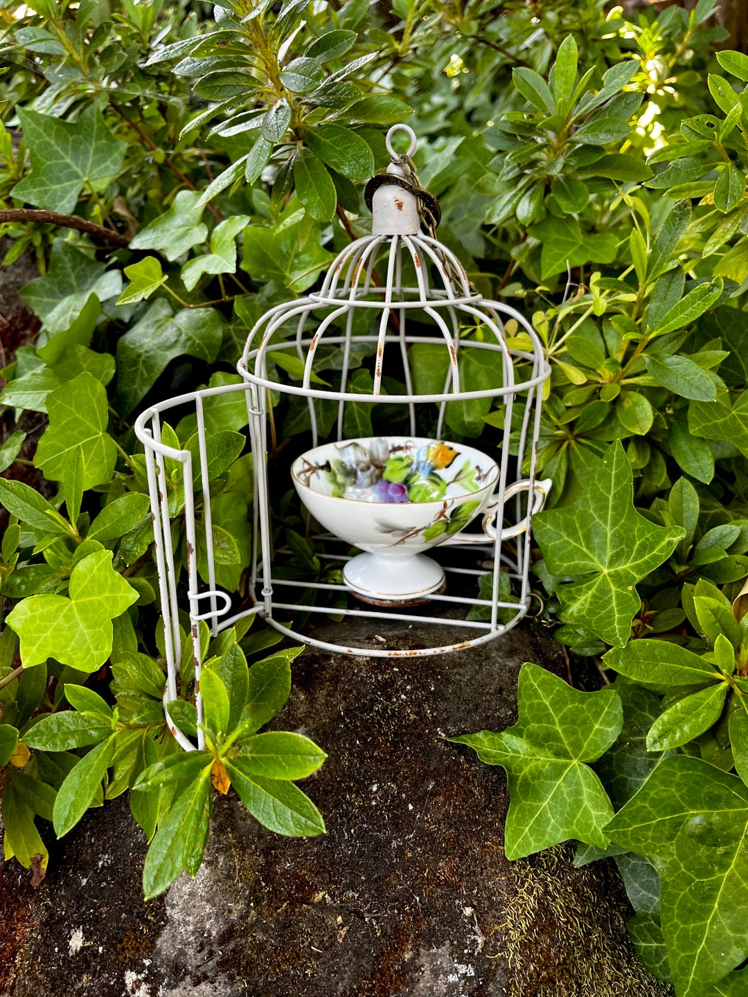 Teacup Bird Feeder, 1950s Vintage Tea Cup in Rustic Bird Cage, SMALL ...