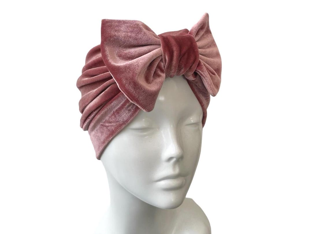 Dusky Pink Velvet Turban Head Wrap Hat Handmade Retro Style Luxury Bow ...