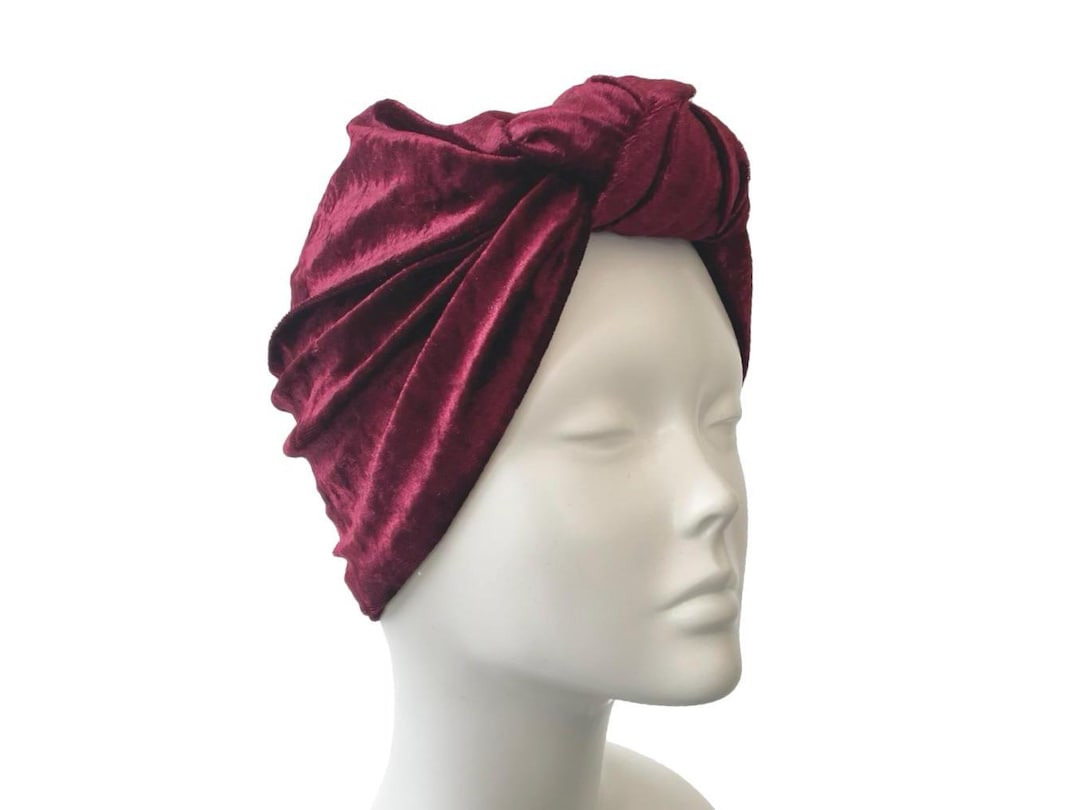 Wine Red Velvet Turban Head Wrap Hat Vintage Style Headwear Front Knot ...