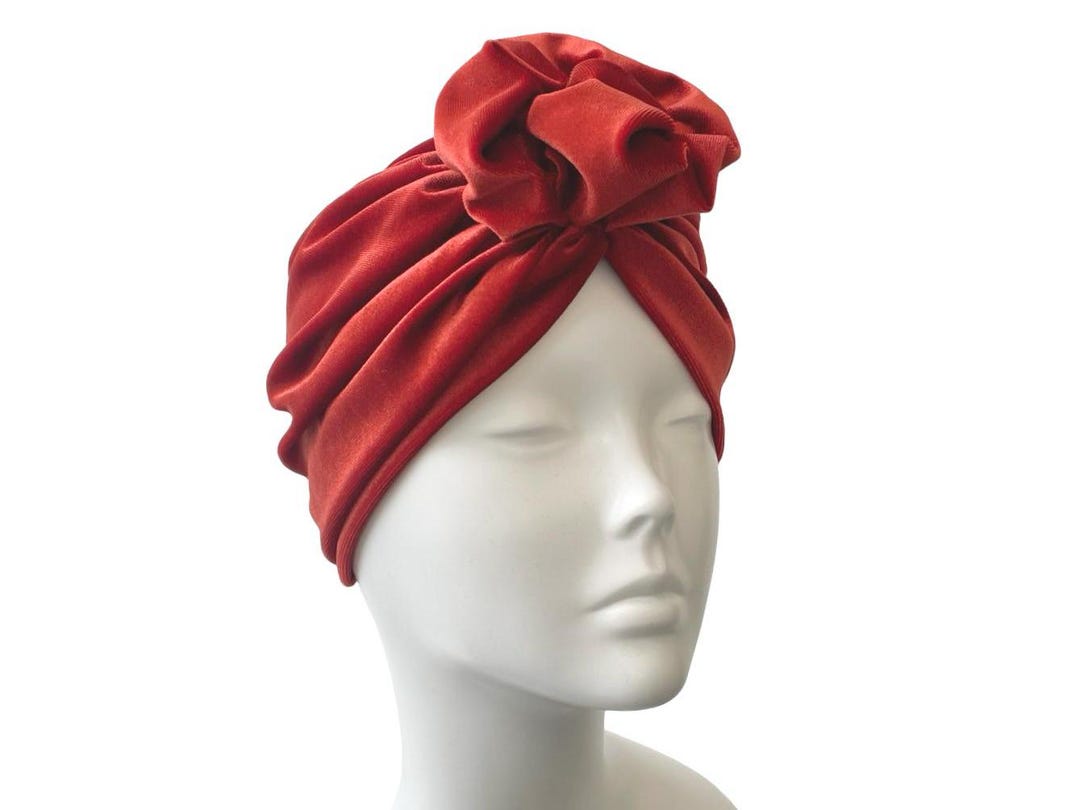 Rust Orange Velvet Rosette Retro Style Turban Head Wrap Hat for Women ...