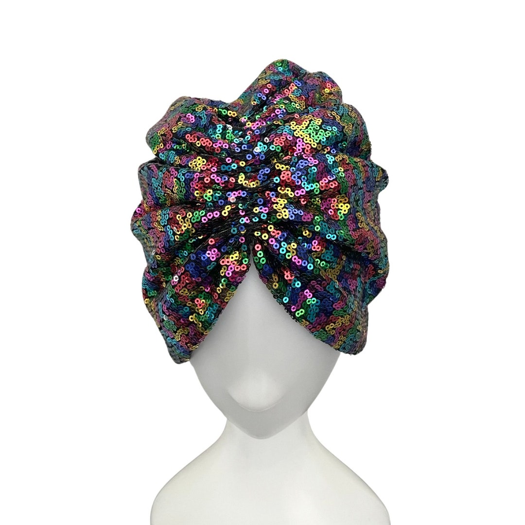 Turban for Women Festive Lined Rainbow Sequin Turban Hat Head Wrap ...