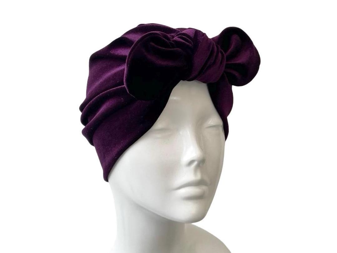 Purple Velvet Turban Hat With Bow Luxury Head Wrap Handmade Super Soft ...