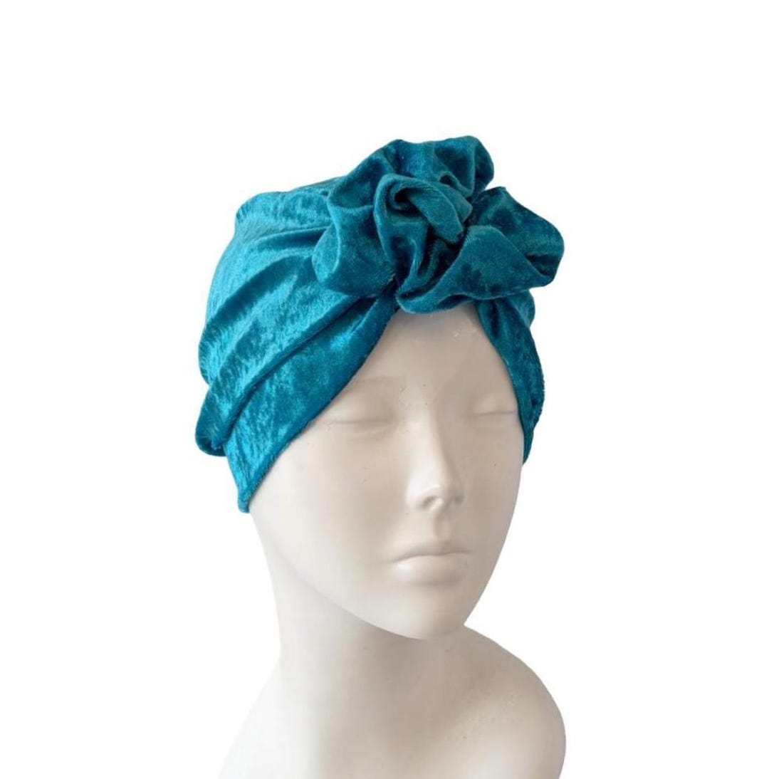 Turquoise Velvet Turban Hat Retro Style Stretchy Soft Cosy Rosette ...