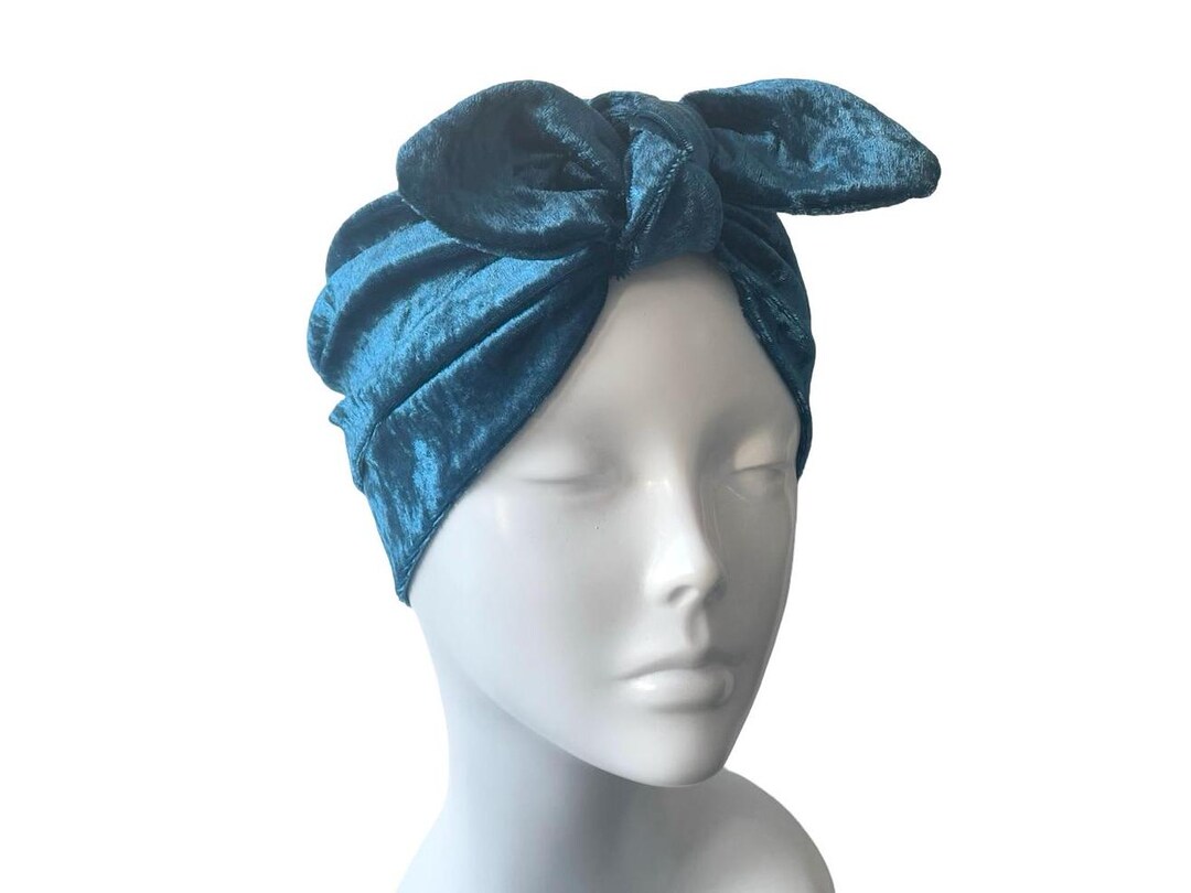 Teal Velvet Turban Hat Retro Style Stretchy Soft Cozy Bow Turban Head ...