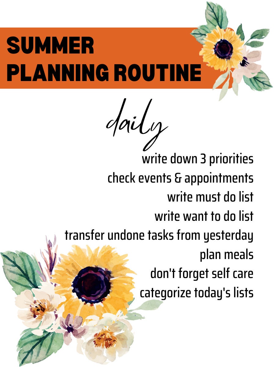 Summer Planning Routine Cards, Printable Planner Cards, Planner Routine ...