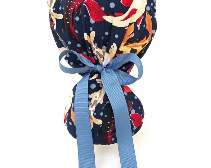Koi Fish and Bubbles on Navy Blue Scrub Hat, Ponytail Scrub Cap for ...