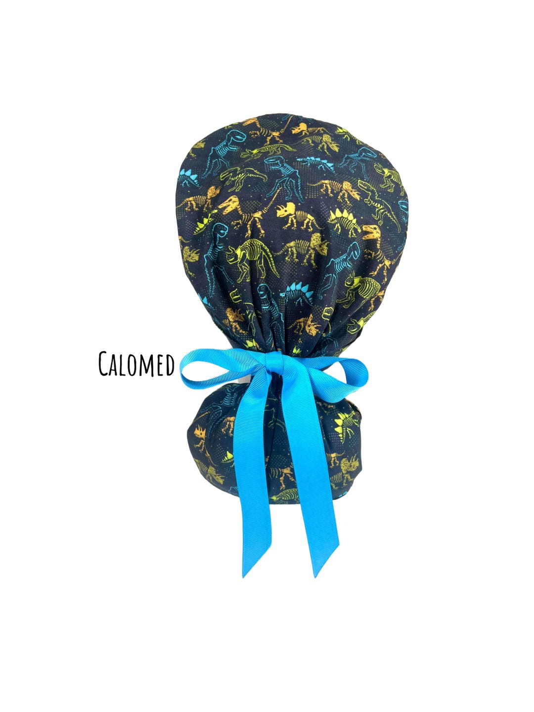 Ponytail Scrub Cap, Colorful Dinosaurs on Dark Gray Medical Hat for ...