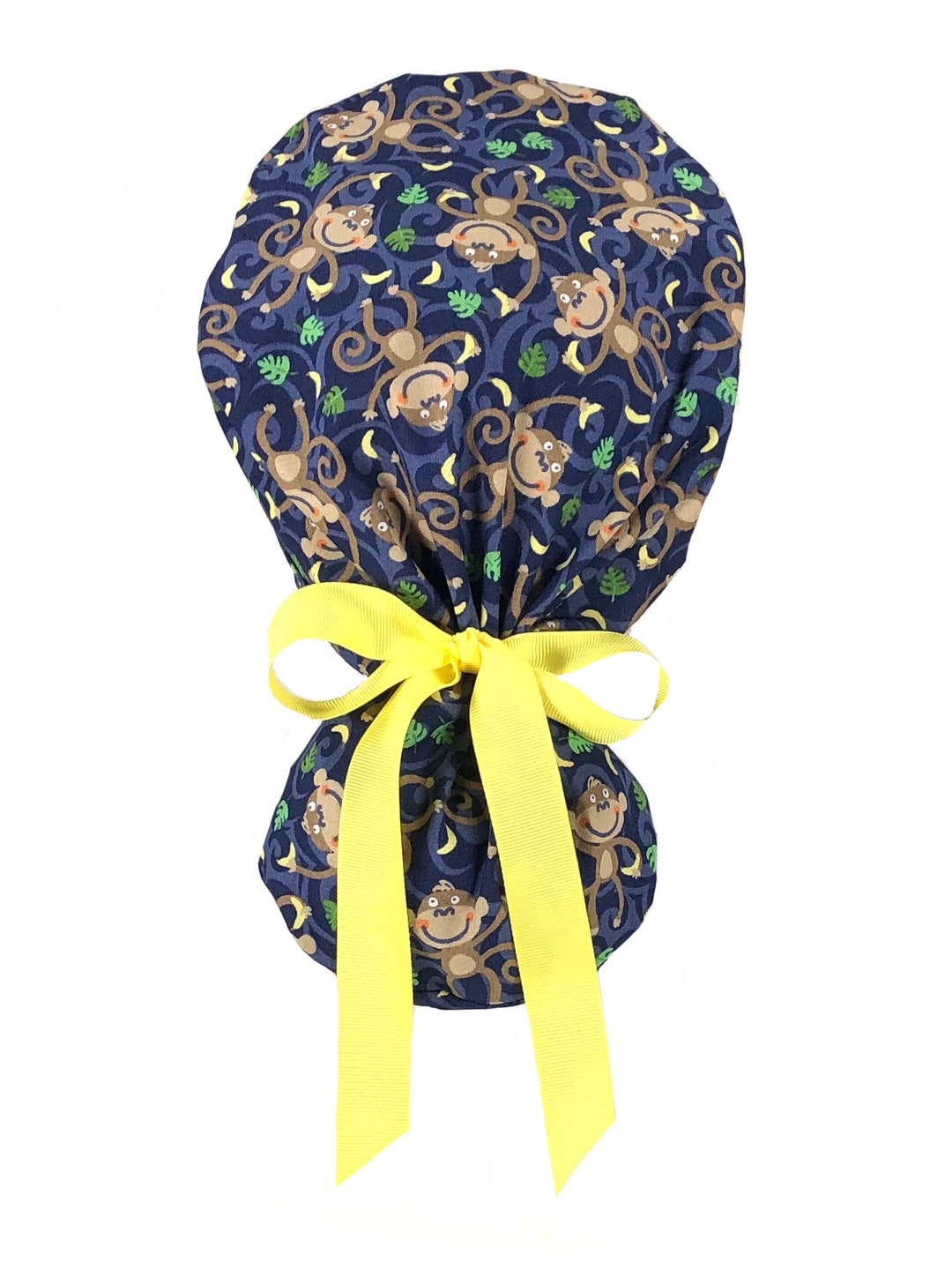 EYIP Scrub Cap, Monkeys & Bananas on Navy and Blue Swirls Ponytail ...