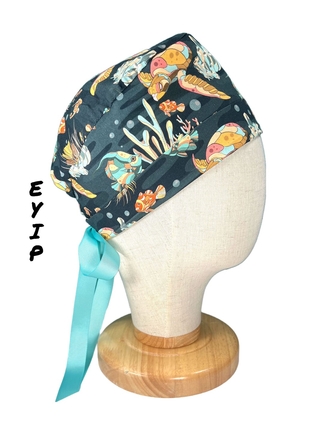 EYIP Scrub Cap, Sea Turtles, Fish & Corals on Teal SHORT HAIR Scrub Hat ...