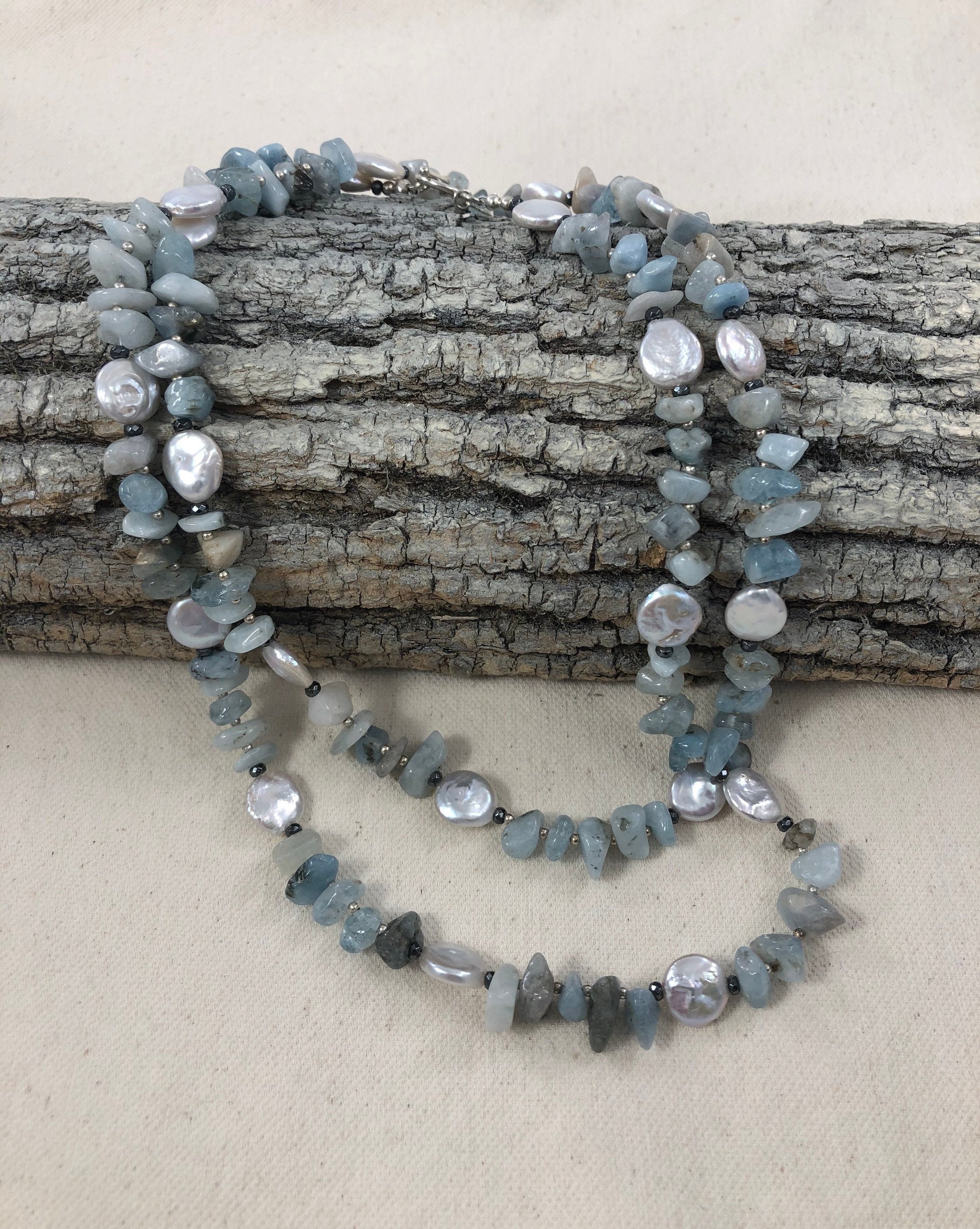 Collier long perlé aigue-marine et perle - Etsy France