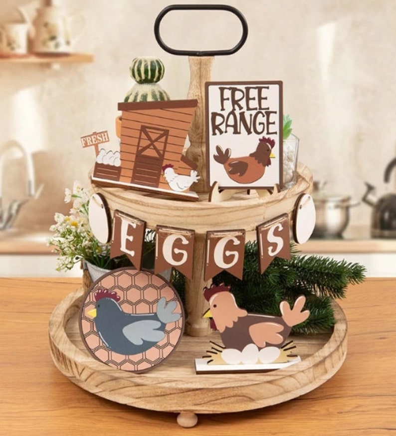 Summer Wooden Tiered Tray - Chicken Farm or Mermaid Ocean Designs - Etsy