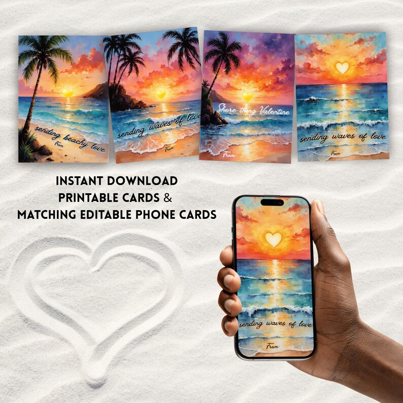 Beach Valentine Cards Printable & Phone Version | Retro Sunset Heart ...