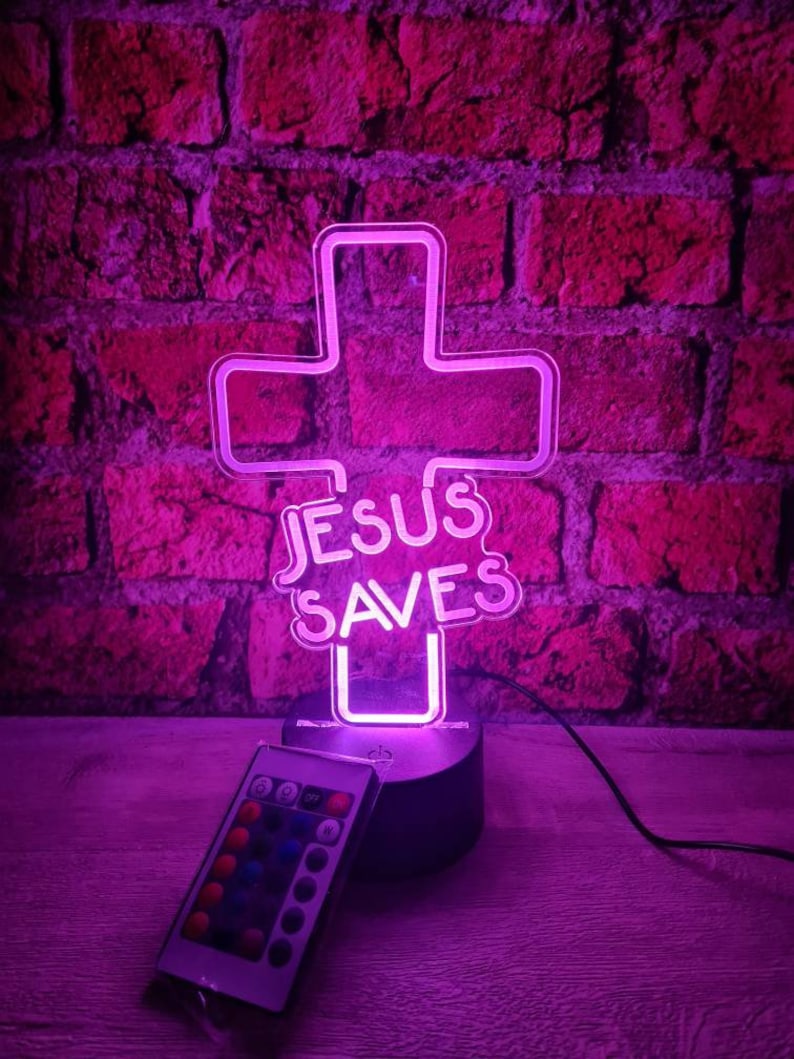 Jesus Saves Neon Crucifix Lamp - LED - Man Cave - Religious Night Light ...