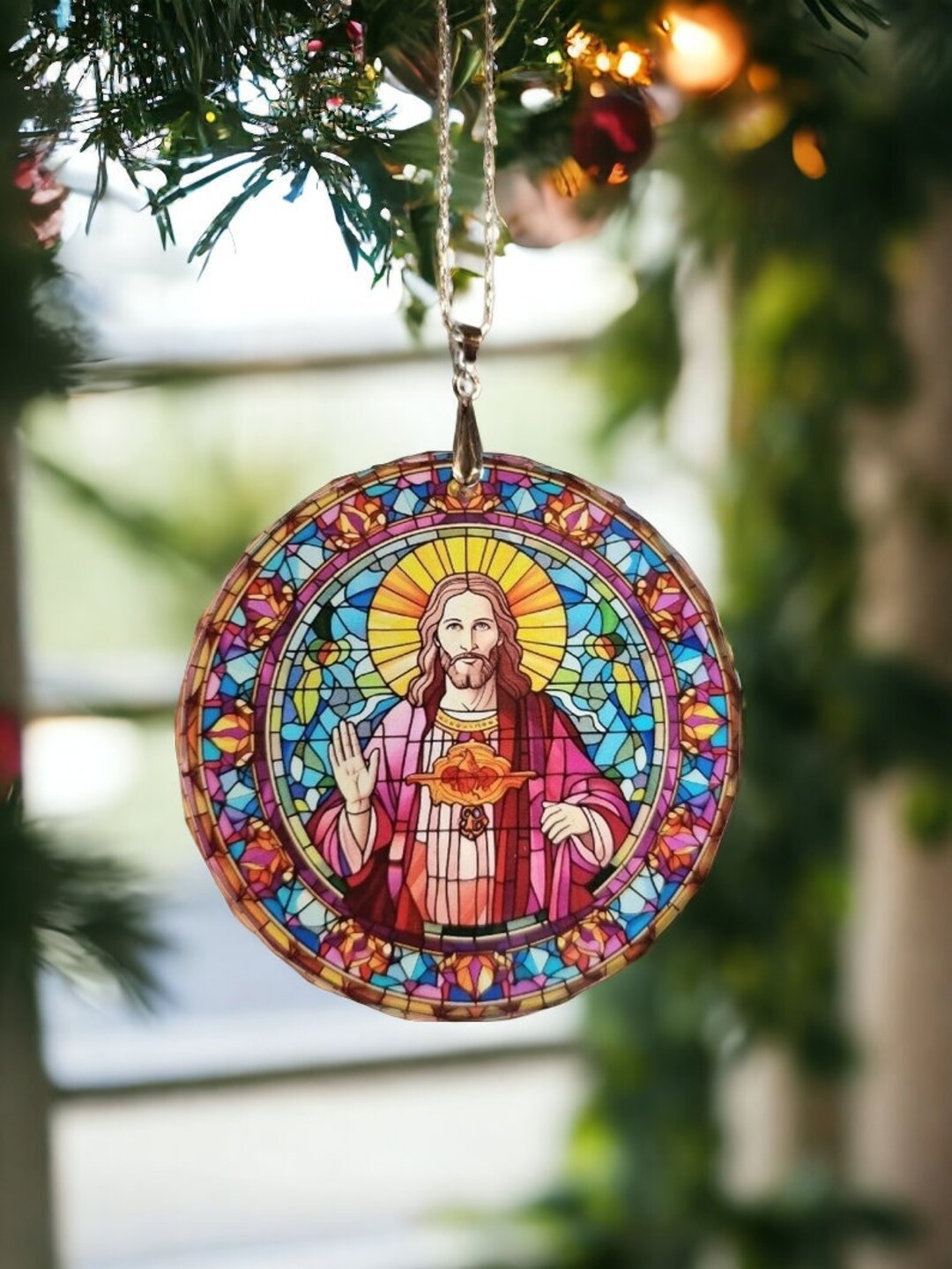 Glass Diamond Cut Edge Jesus Hanging Suncatcher Ornament - Bauble ...