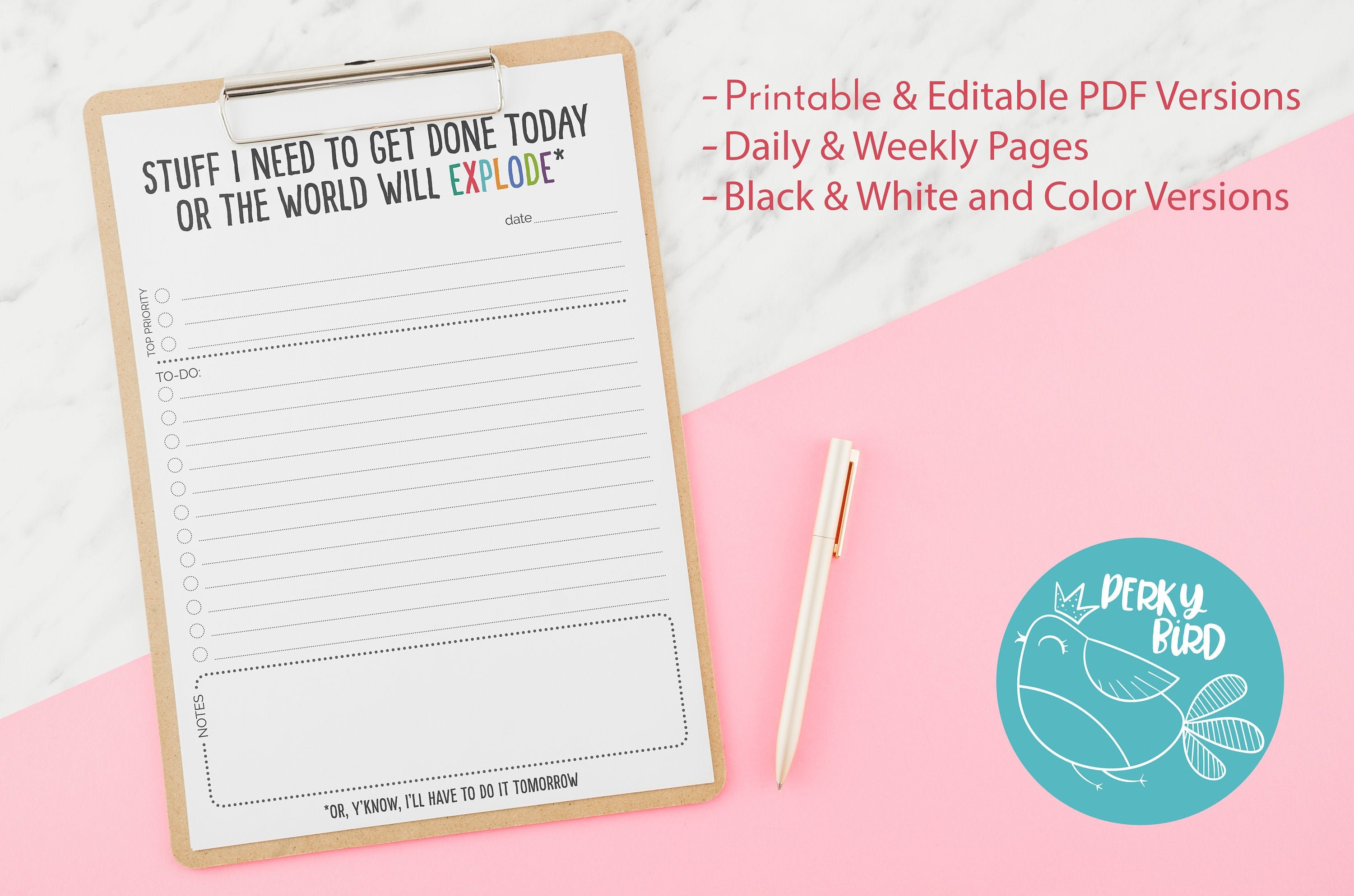 Funny Daily & Weekly To-do Checklist Printable Editable PDF for Digital ...