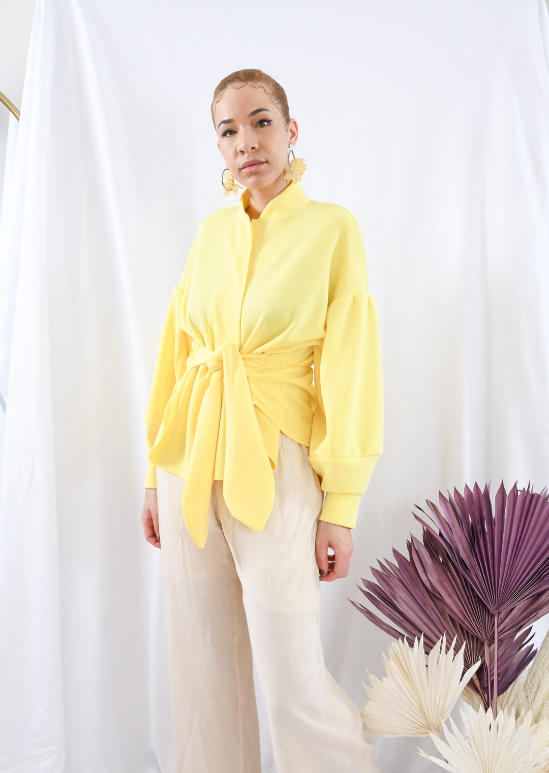 Pastel Yellow Light Scuba Wrap Jacket With Puff Sleeves and Attached ...
