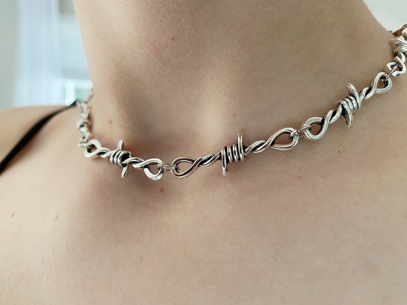 Barbed Wire Choker Necklace Y2k Style Silver Chain Etsy