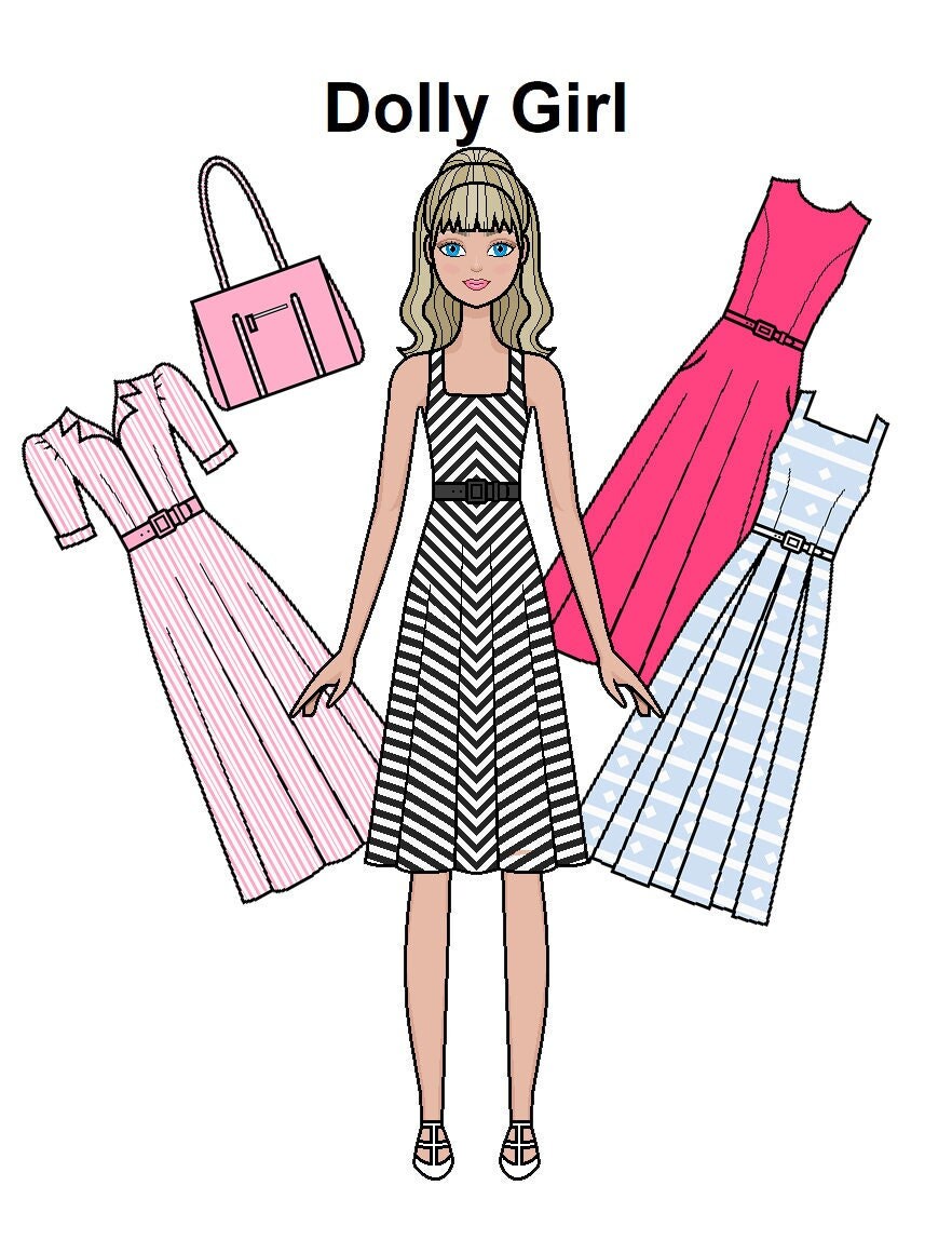 Dolly Girl Paper Doll - Printable Paper Doll - Pink Retro Clothes Paper ...