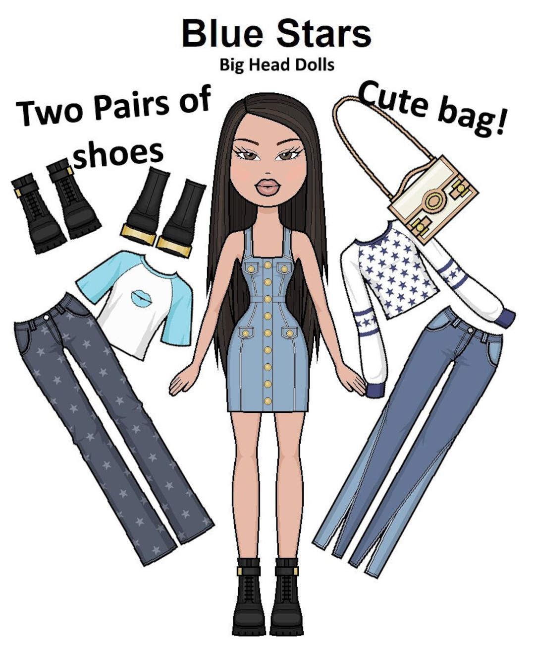 Blue Stars Printable Paper Doll Big Heads - Asian Doll - Fun Denim ...