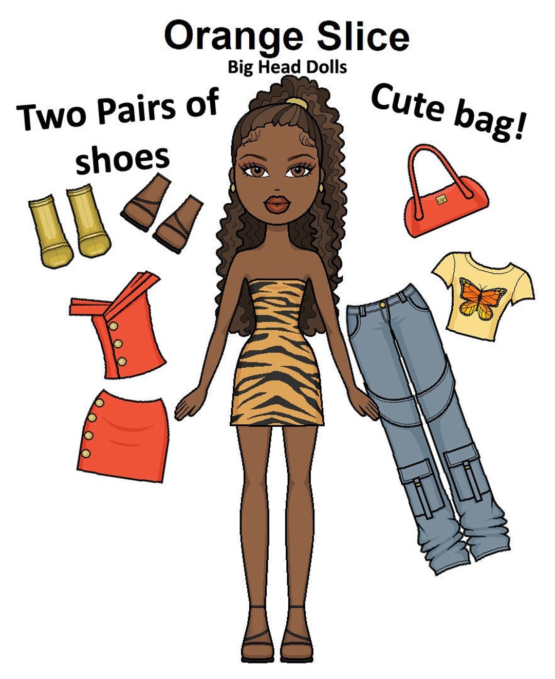 Orange Slice Printable Paper Doll Big Heads - Black Doll - Fun Orange ...