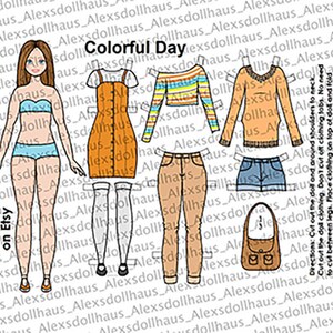 Colorful Day Paper Doll - Red Hair Doll - Cheerful Fashion- Curvy ...