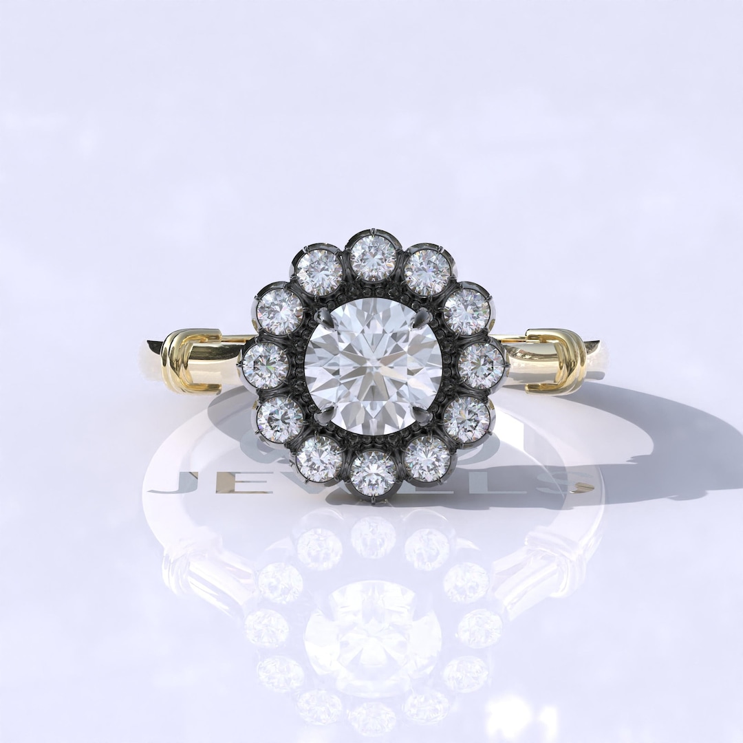 Halo Georgian Style Cut Down Setting Moissanite Engagement Ring ...